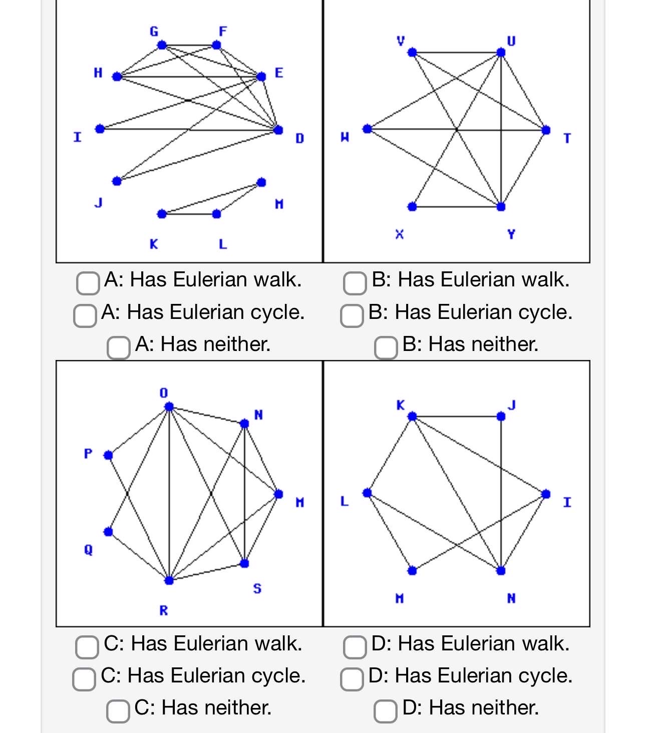 Solved (A: Has Eulerian walk.B: Has Eulerian walk.A: Has | Chegg.com
