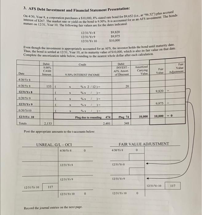 3. AFS Debt Investment and Financial Statement | Chegg.com