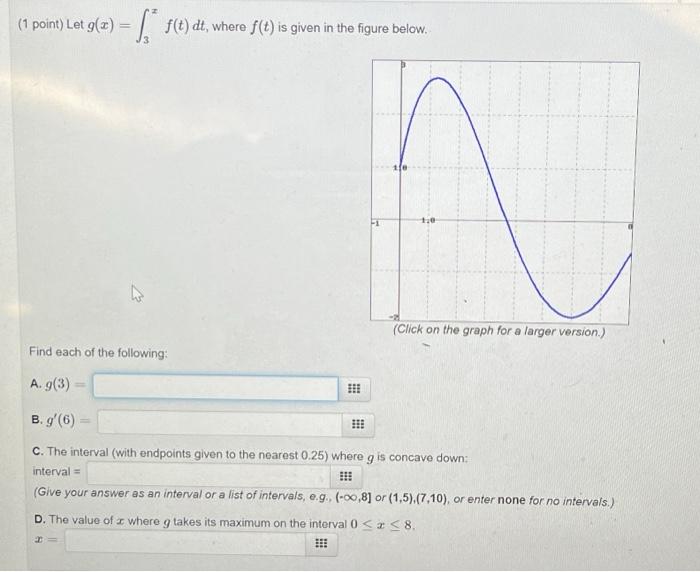 Solved 1 point) Let g(x)=∫3xf(t)dt Find each of the | Chegg.com