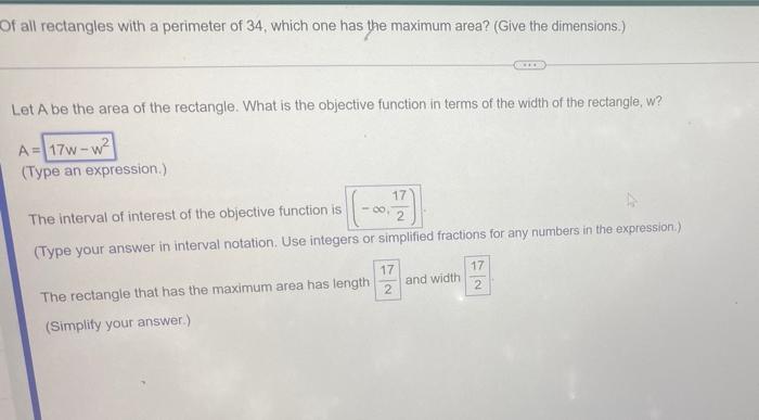 Solved Of all rectangles with a perimeter of 34, which one | Chegg.com