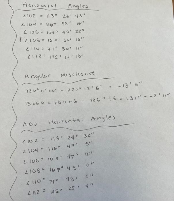 Horizontal Angles ∠102=113∘26′43′′ ∠104=116∘49′16′′ | Chegg.com