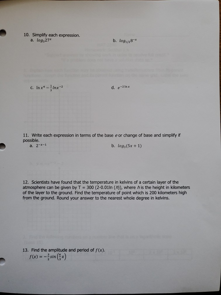 Solved 10. Simplify each expression. a. log: 27* b. | Chegg.com
