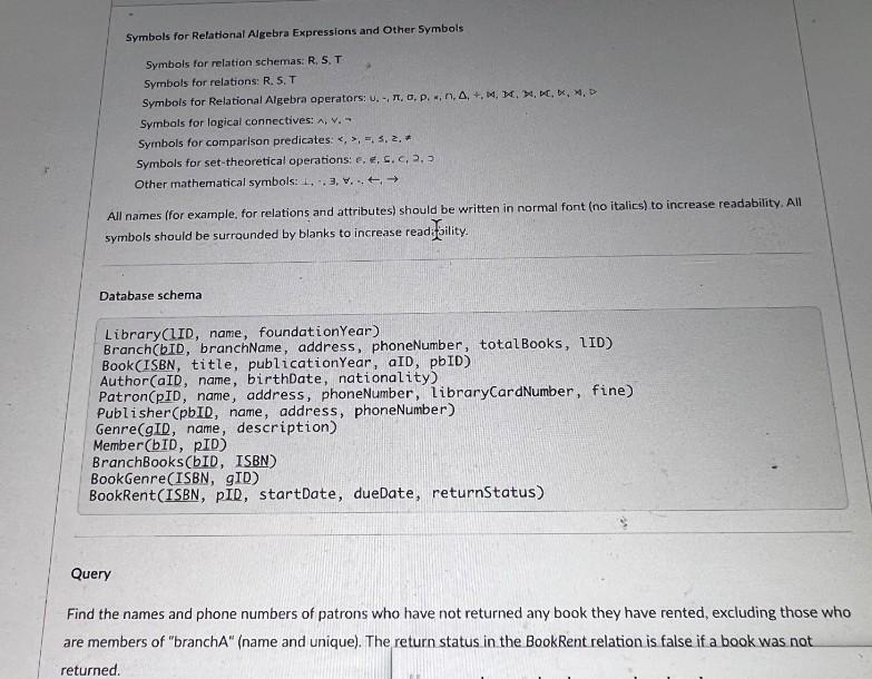 Solved Symbols for Relational Agebra Expressions and Other | Chegg.com