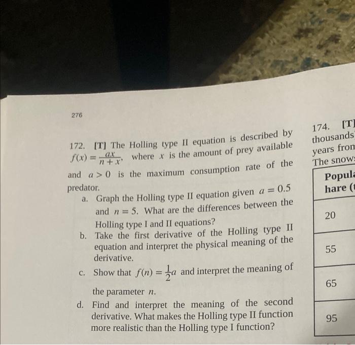 Solved 172. [T] The Holling type II equation is described by | Chegg.com