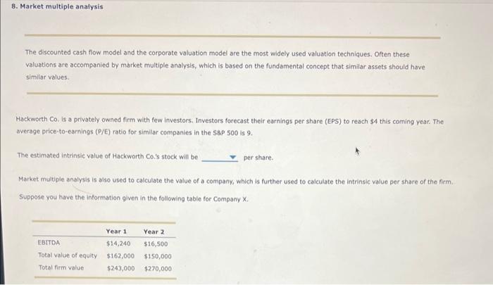 Solved 8. Market multiple analysis The discounted cash flow | Chegg.com
