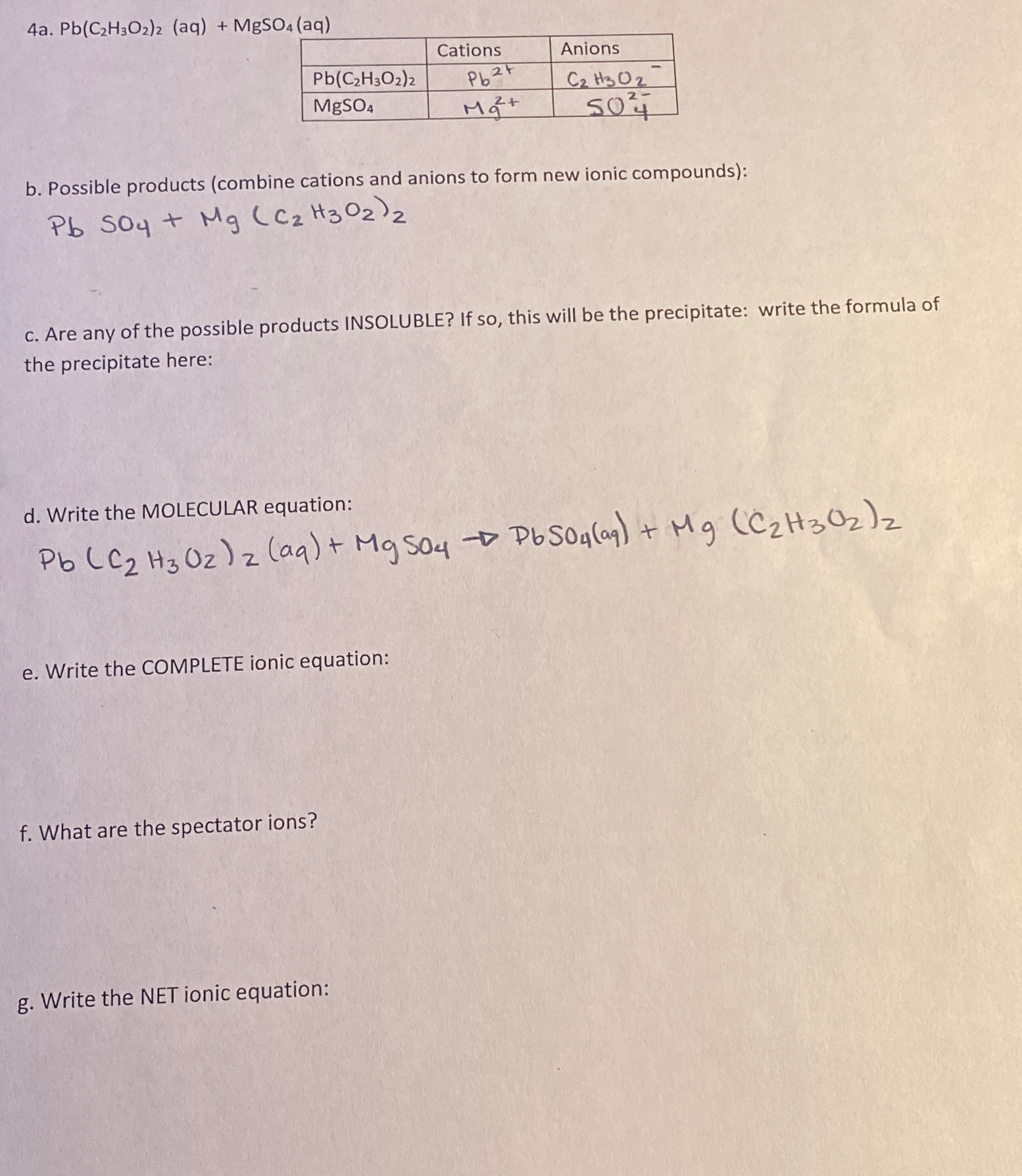Solved 4a. Pb(C2H3O2)2 (aq) +MgSO4 (aq)\table[[,Cations,Anio | Chegg.com