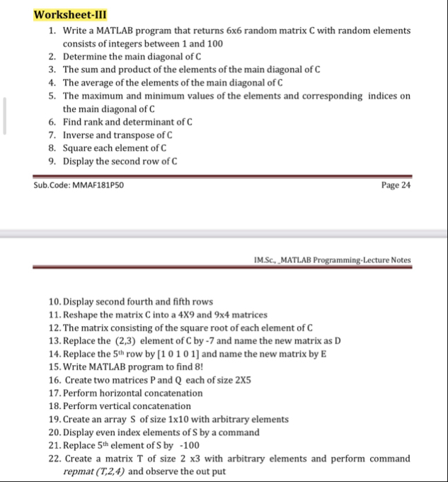 Solved Worksheet-IIIWrite a MATLAB program that returns 6×6 | Chegg.com