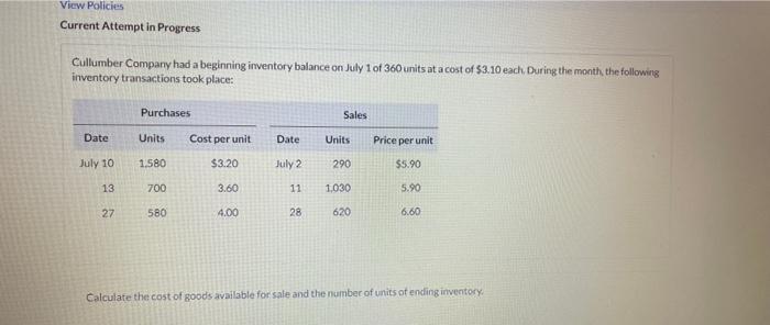 Solved View Policies Current Attempt in Progress Cullumber | Chegg.com