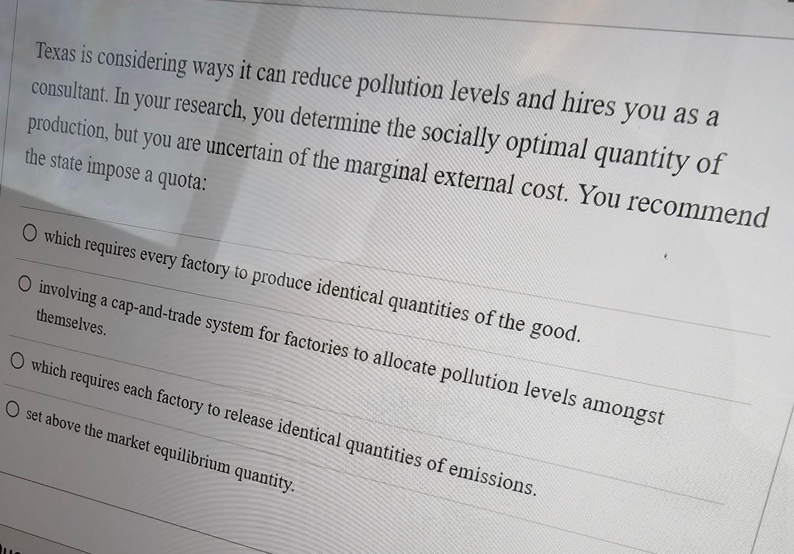 Solved Texas is considering ways it can reduce pollution | Chegg.com