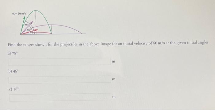 Solved %50 m/s Find the ranges shown for the projectiles in | Chegg.com