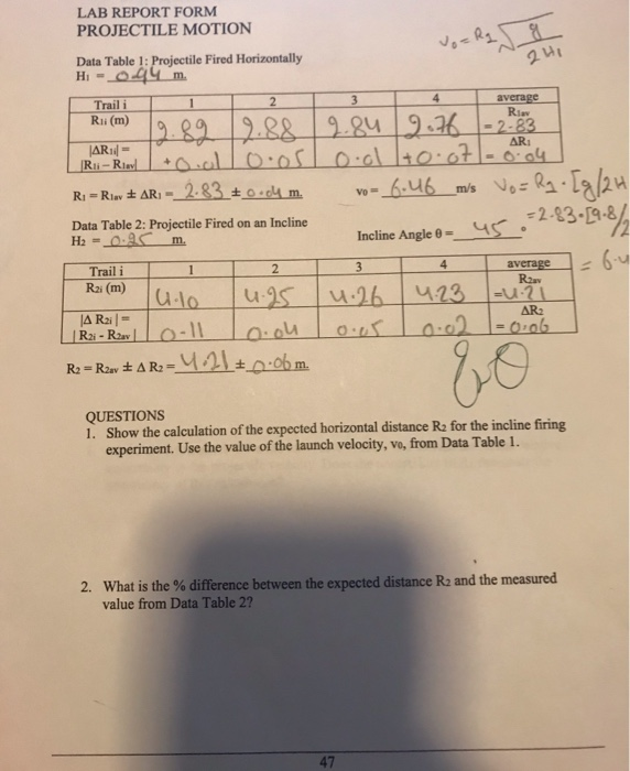 Solved LAB REPORT FORM PROJECTILE MOTION 2U R JAR- AR Data | Chegg.com