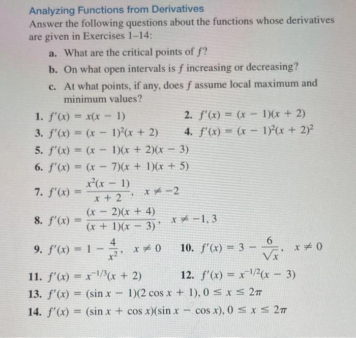 Solved Analyzing Functions from Derivatives Answer the | Chegg.com