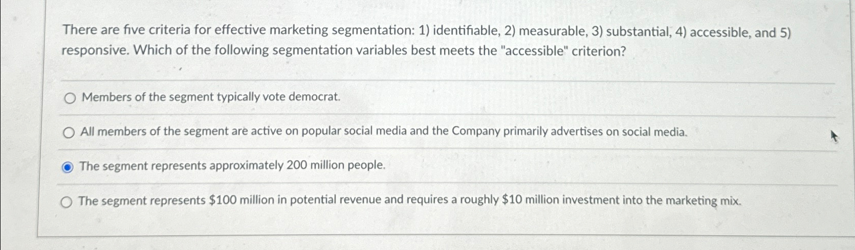 Solved There are five criteria for effective marketing | Chegg.com