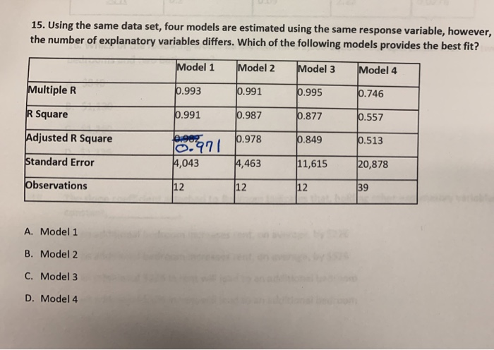 Solved 15. Using the same data set, four models are | Chegg.com