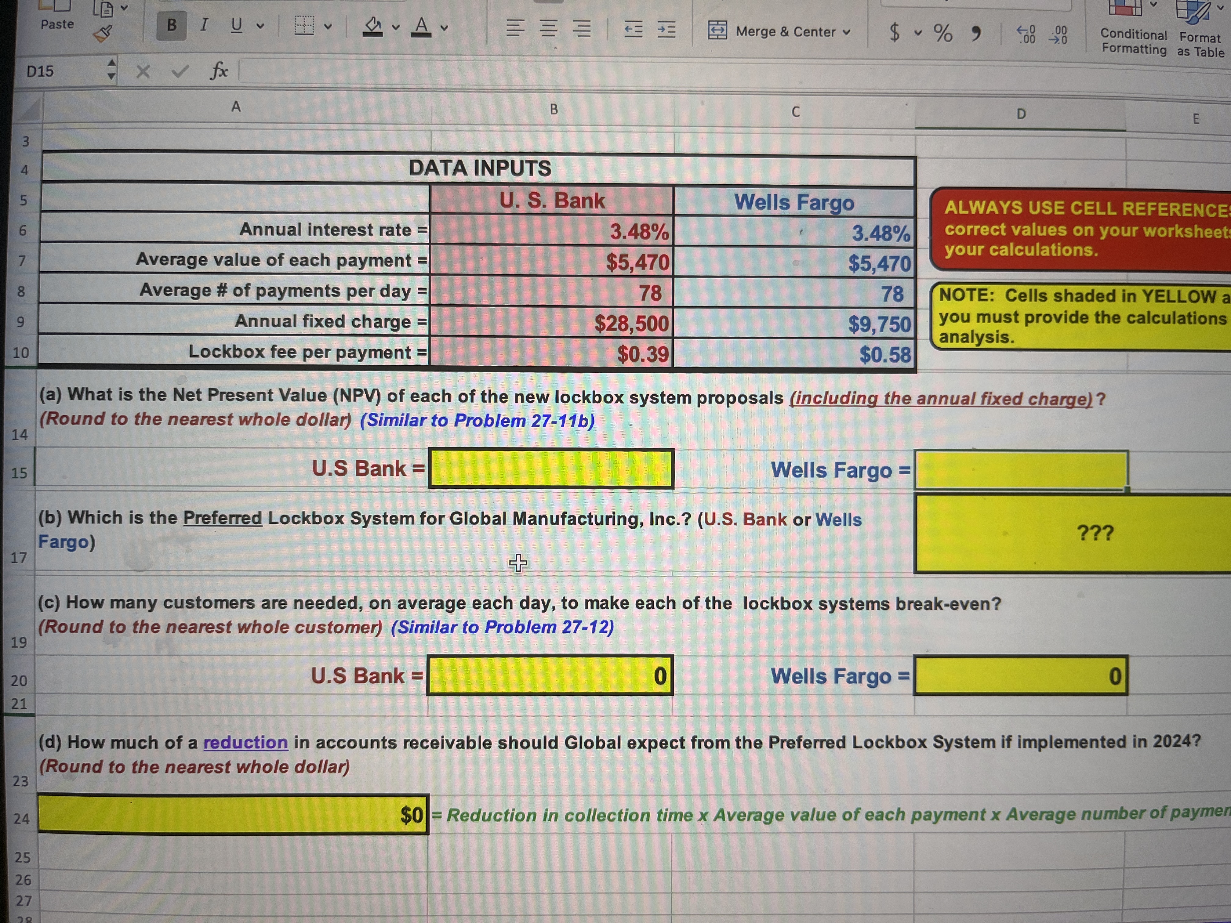 Solved Merge \& Center \( \checkmark \) ﻿D15 \( | Chegg.com