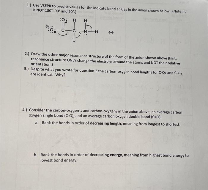 Solved 1.) Use VSEPR to predict values for the indicate bond | Chegg.com