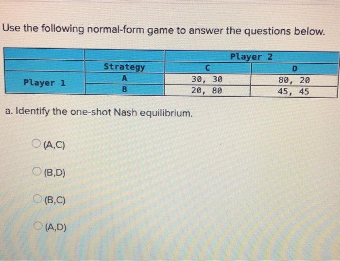 Solved Use the following normal-form game to answer the | Chegg.com