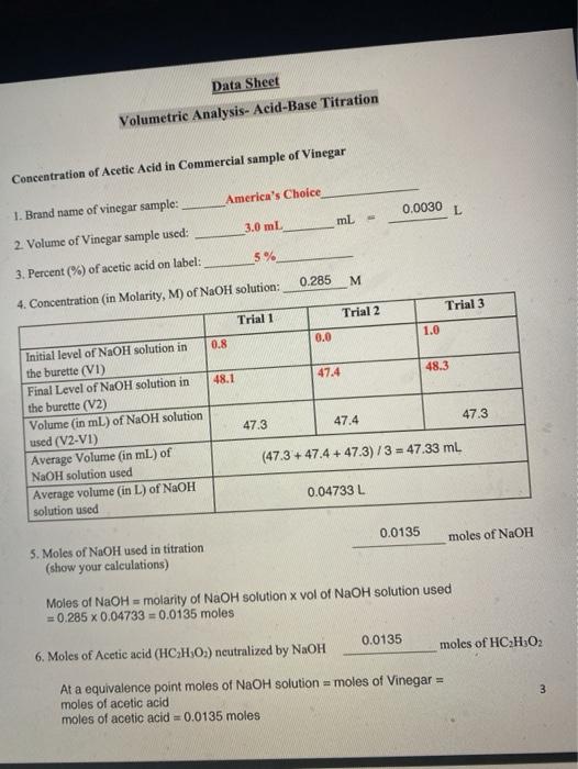 Solved Data Sheet Volumetric Analysis- Acid-Base Titration | Chegg.com