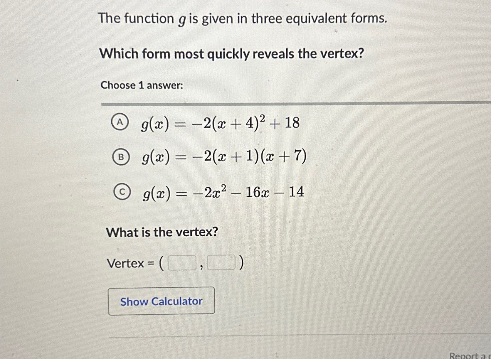 Solved The function g ﻿is given in three equivalent | Chegg.com