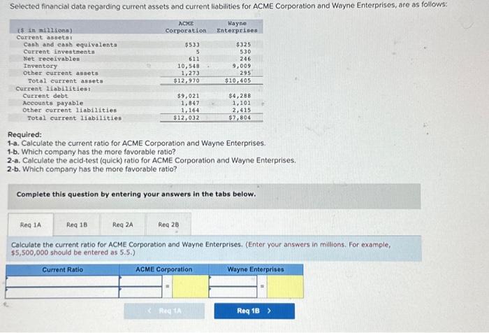 Solved Required: 1-a. Calculate the current ratio for ACME | Chegg.com