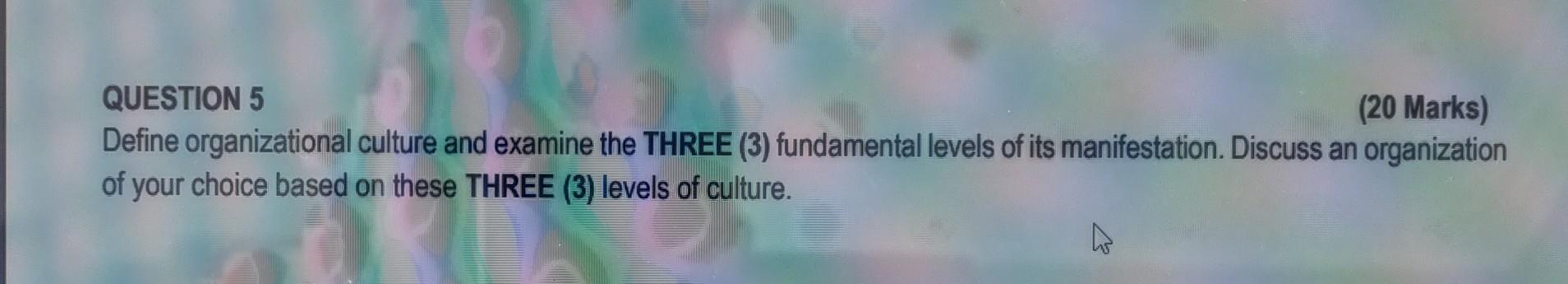 Solved QUESTION 5 (20 Marks) Define organizational culture | Chegg.com