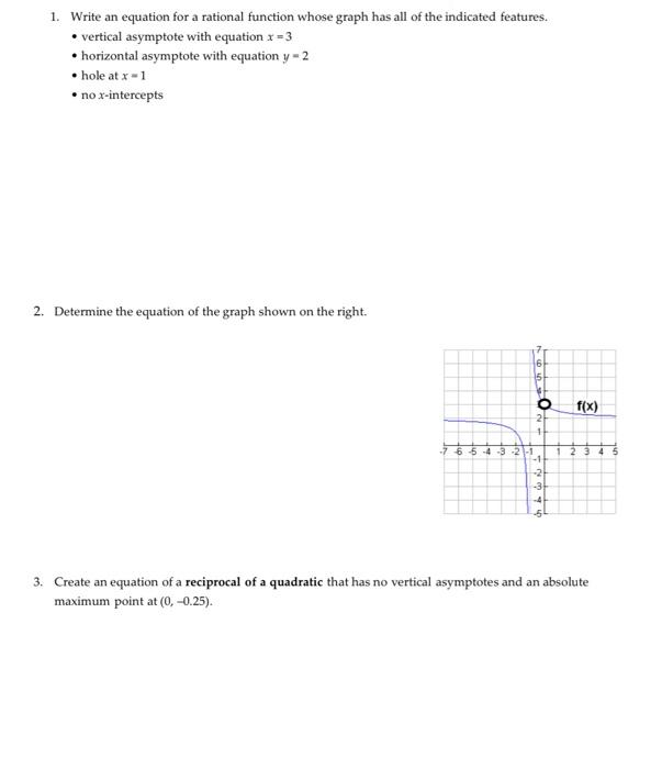 Solved 1. Write an equation for a rational function whose | Chegg.com