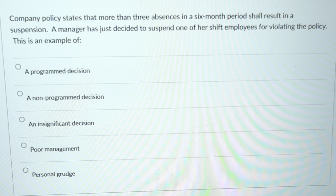 Solved Company policy states that more than three absences | Chegg.com