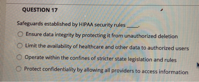 Solved QUESTION 17 Safeguards established by HIPAA security | Chegg.com
