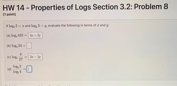 Solved if logb2=x and logb3=y, evaluate the following in | Chegg.com