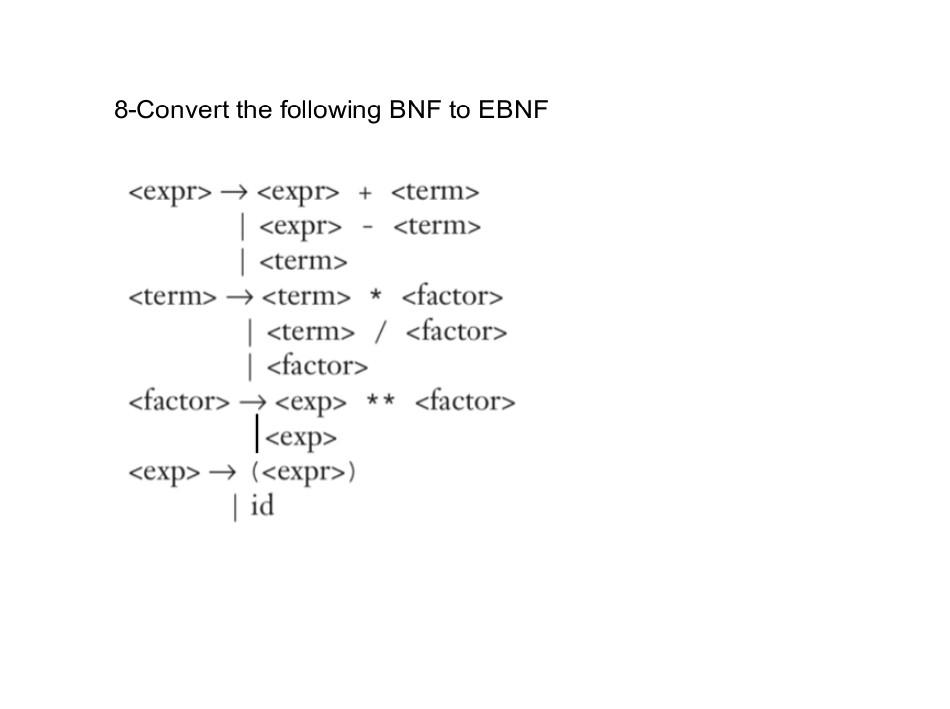 Solved 8-Convert the following BNF to EBNF → + | | → | Chegg.com