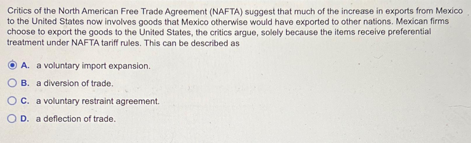 Solved Critics of the North American Free Trade Agreement | Chegg.com