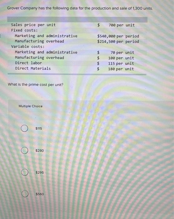 Solved Grover Company has the following data for the | Chegg.com