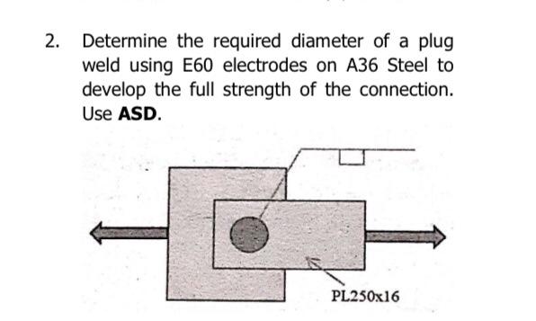 Solved 2. Determine the required diameter of a plug weld | Chegg.com