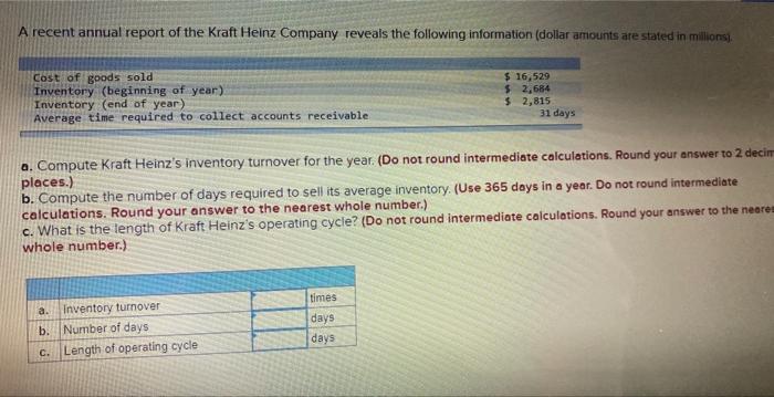 Solved A recent annual report of the Kraft Heinz Company | Chegg.com