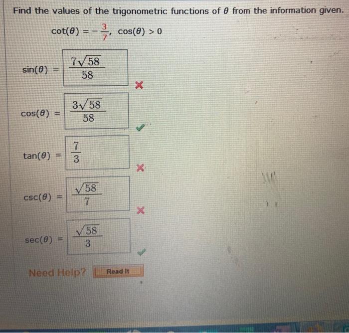 Solved find the values of the trigometric functions of data | Chegg.com