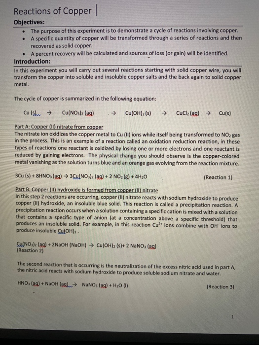 Solved Reactions of Copper Objectives: The purpose of this | Chegg.com