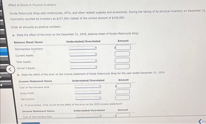 Solved Effect of Errors in Physical Inventory Fonda | Chegg.com
