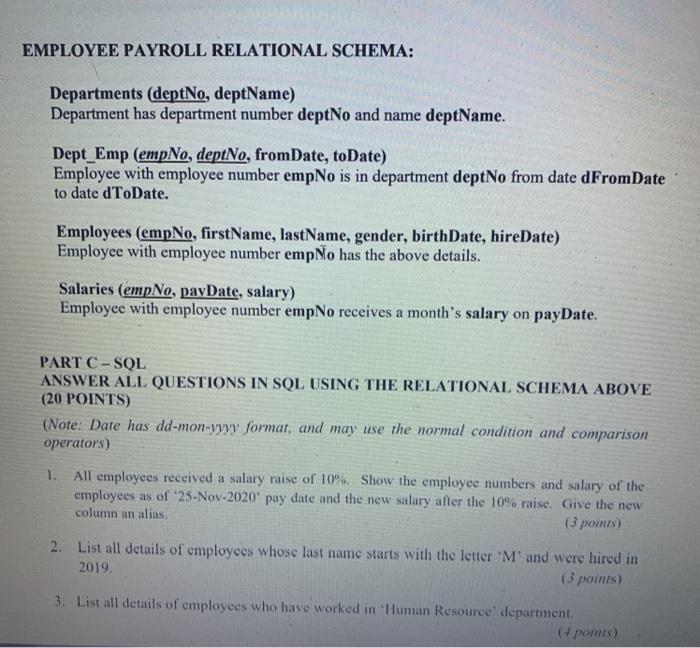 Solved EMPLOYEE PAYROLL RELATIONAL SCHEMA: Departments | Chegg.com
