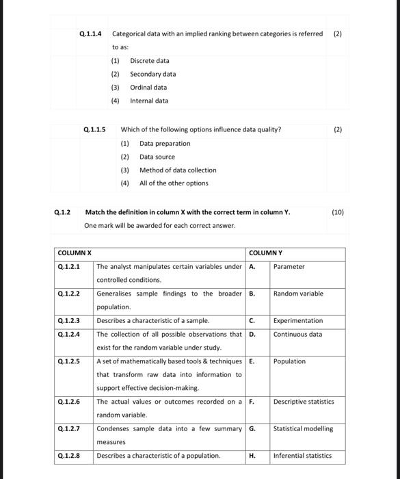 Solved Q.1.1 MULTIPLE CHOICE QUESTIONS: Select one response | Chegg.com