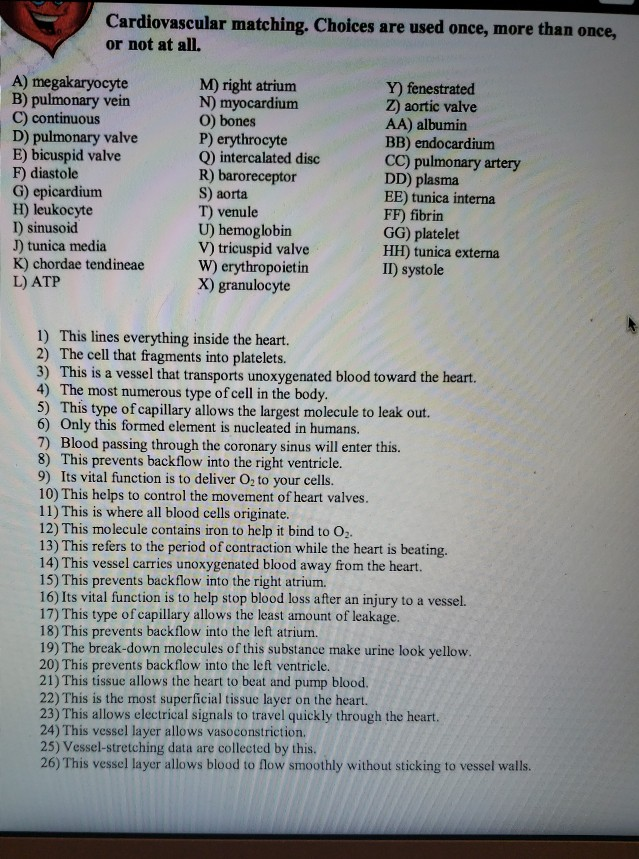 Solved Cardiovascular matching. Choices are used once, more | Chegg.com