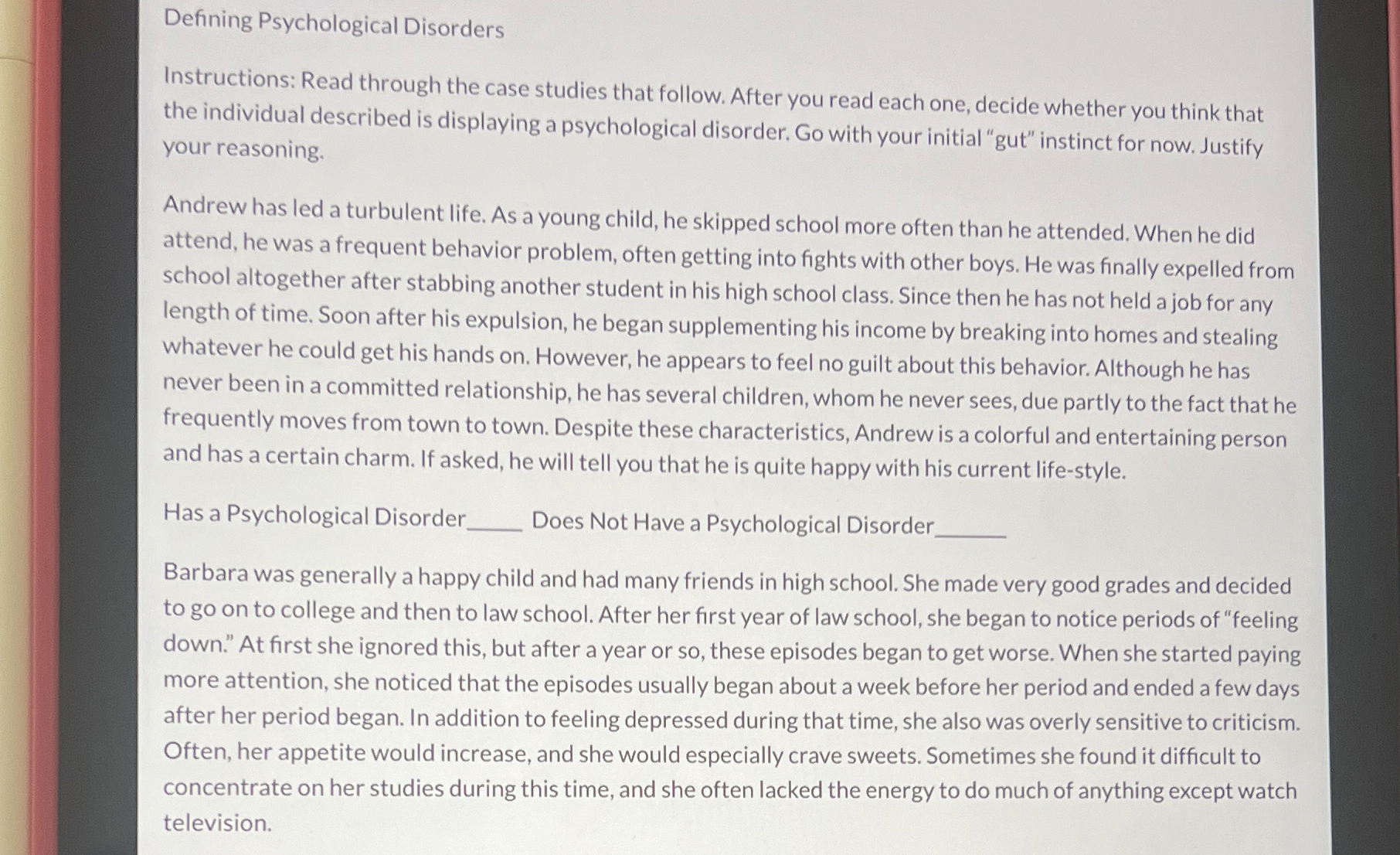Solved Defining Psychological DisordersInstructions: Read | Chegg.com