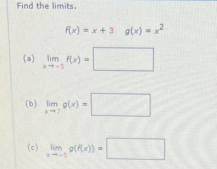 Solved Find the limits. f(x)=x+3g(x)=x2 (a) limx→−5f(x)= (b) | Chegg.com