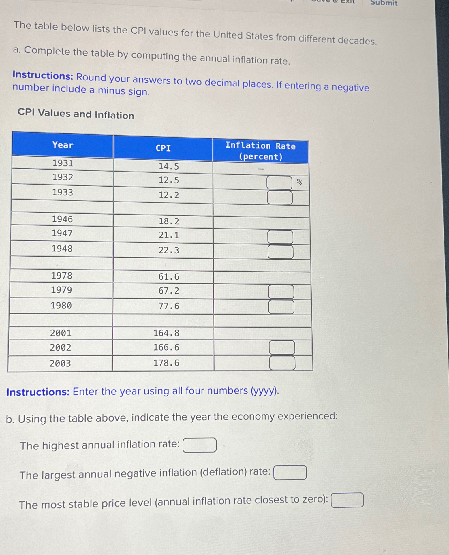 The table below lists the CPI values for the United | Chegg.com