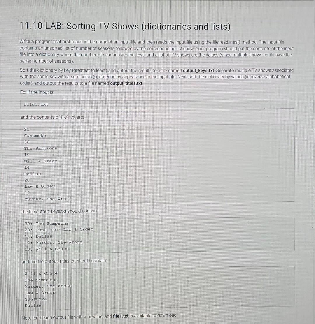 Solved 11 Iu Lab Sorting Iv Shows Dictionaries And Lists 