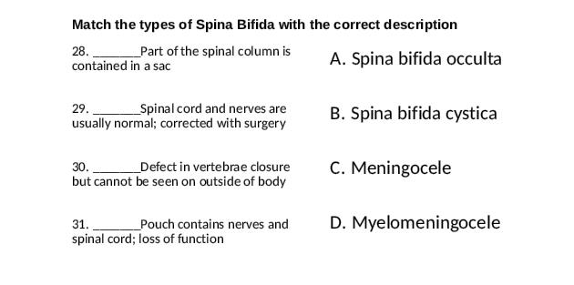 Solved Match the types of Spina Bifida with the correct | Chegg.com