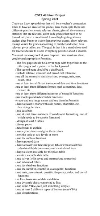Solved CSCI 48 Final Project Spring 2021 Create an Excel | Chegg.com