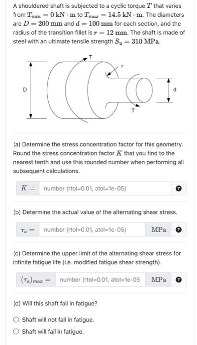 Solved A shouldered shaft is subjected to a cyclic torque T | Chegg.com