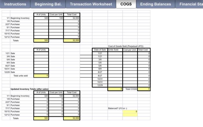 Instructions Beginning Bal. Transaction Worksheet | Chegg.com