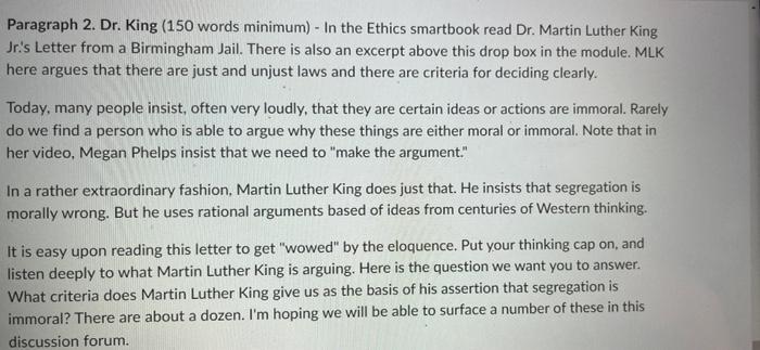 Paragraph 2. Dr. King (150 words minimum) - In the | Chegg.com