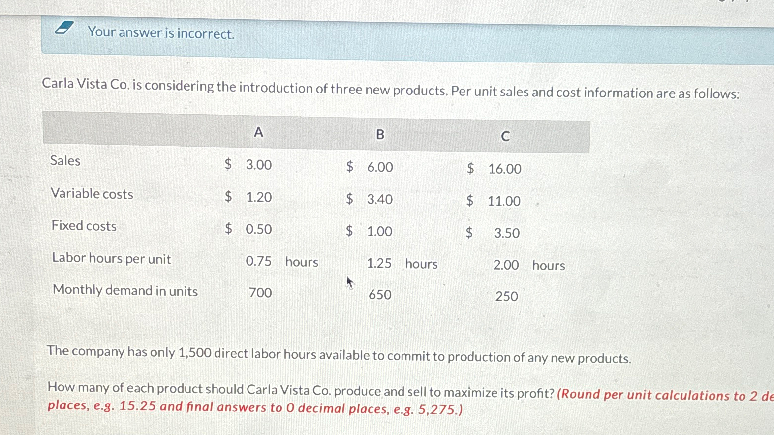 Solved Your answer is incorrect.Carla Vista Co. ﻿is | Chegg.com
